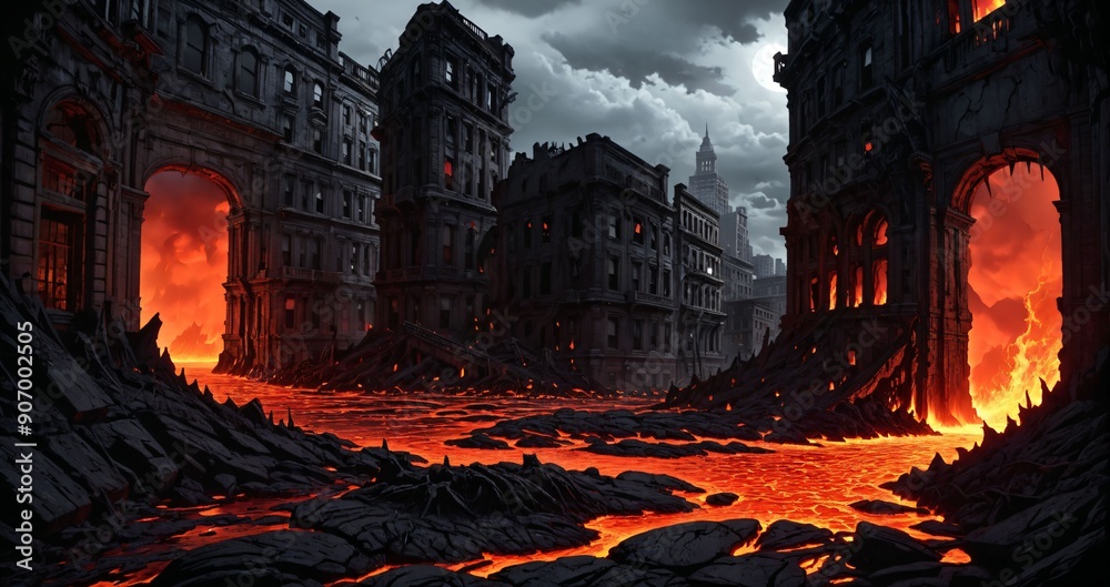 post apocalyptic city buildings drowning in lava during post apocalypse ...
