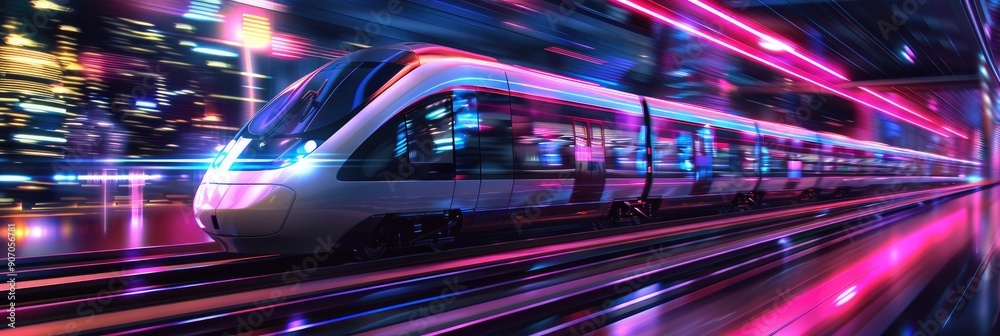Futuristic train moving horizontally amidst digital environment ...