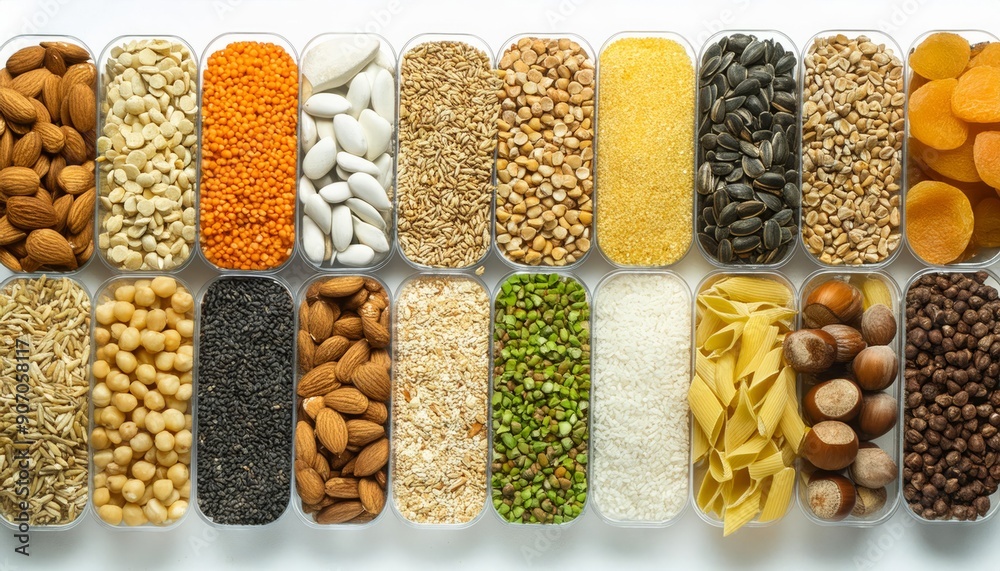 Various types of food grains, beans, seeds, nuts and corns on small ...