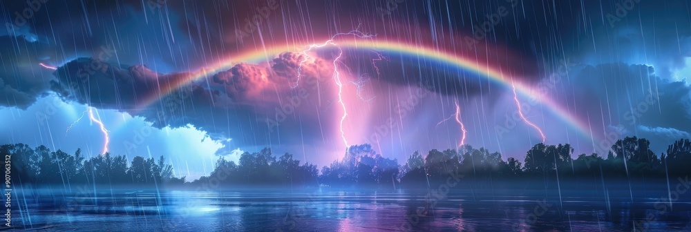 Rainbow and lightning captured in a single frame with rain streaks ...