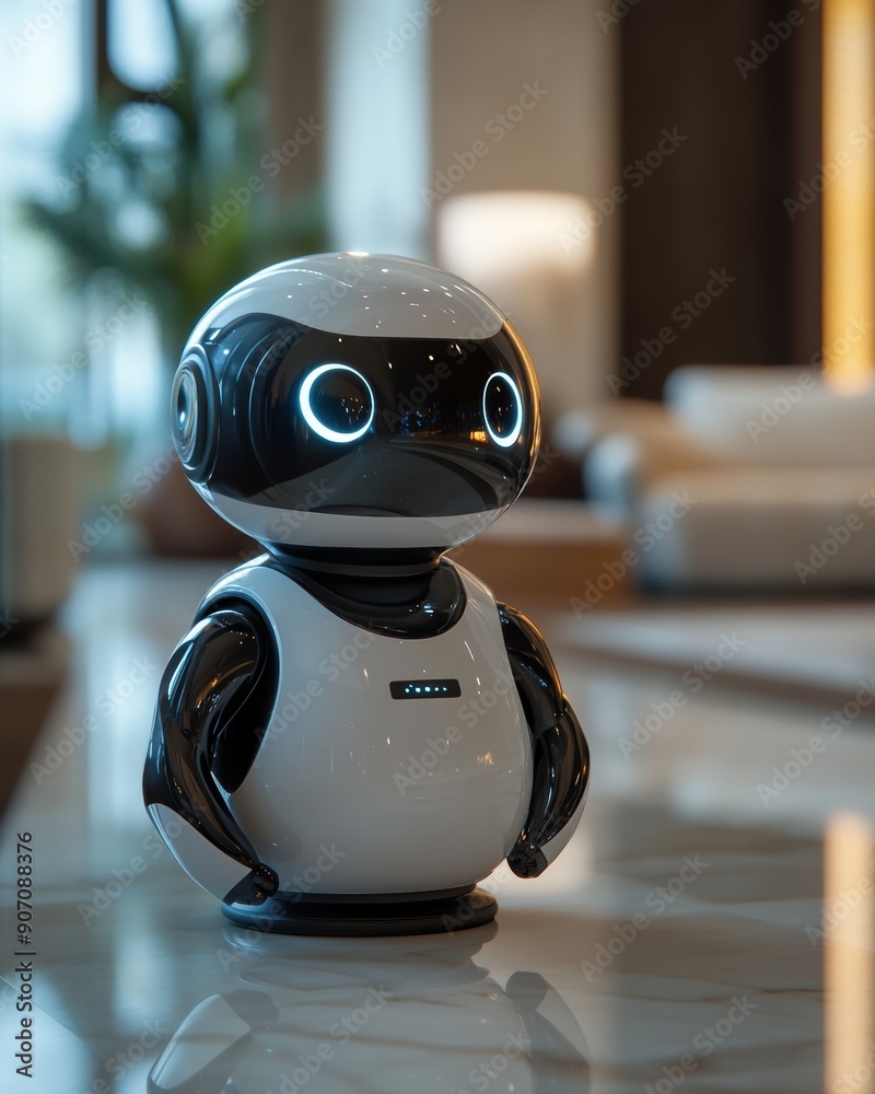 A sleek humanoid robot with a shiny black and white exterior, equipped ...