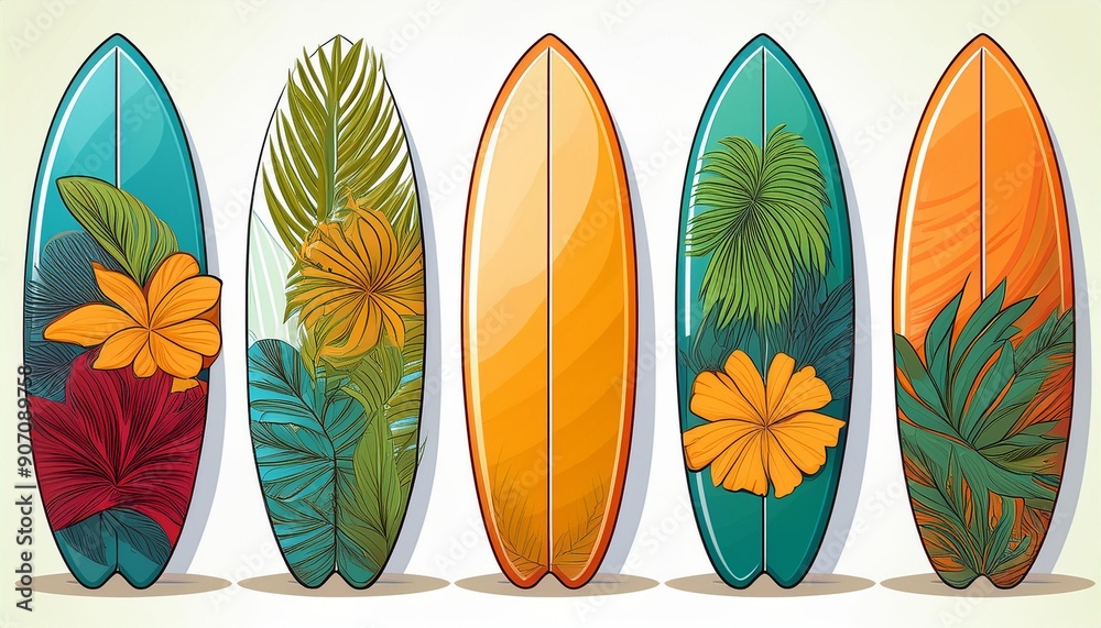 Surfboard vector set in tropical design. Surfing board or surfboard ...