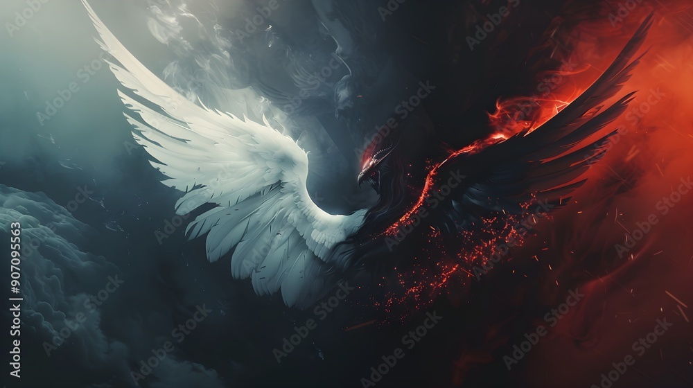 Good versus evil concept art. Glowing white angel wing contrasting with ...