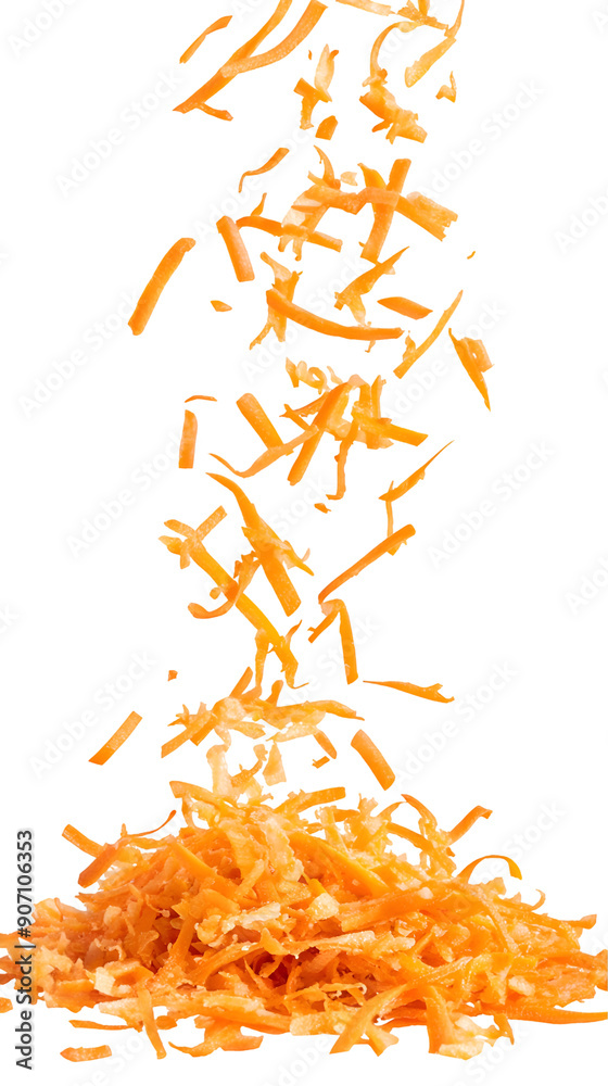 Falling shredded carrots isolated on white background, full depth of ...