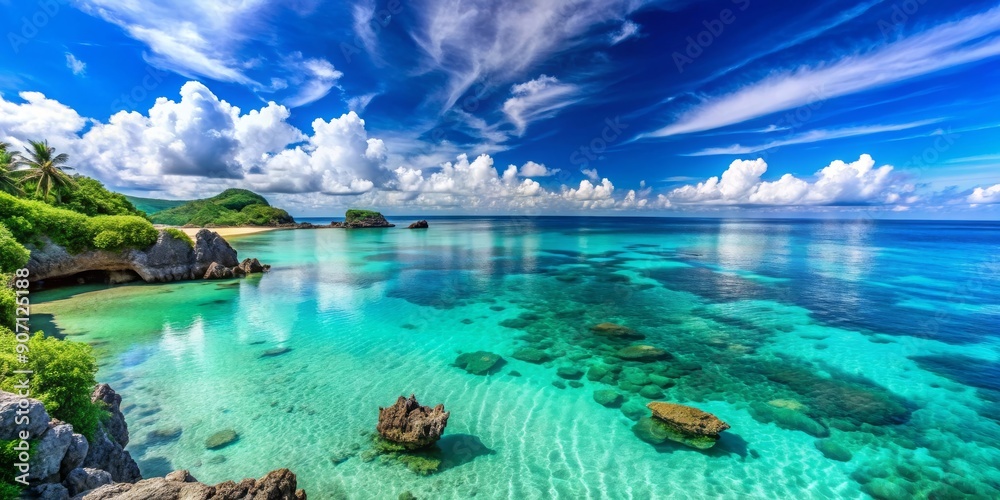 Beautiful ocean in Okinawa, Japan, clear water, blue sky, white sandy ...