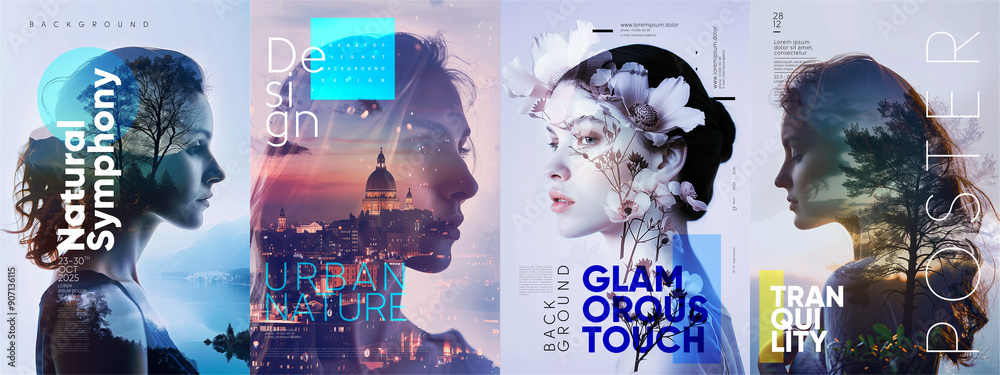 Trendy fashion poster design series features portraits of people using ...