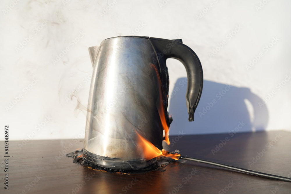 Burning Electric kettle. Electric kettle for tea caught on fire over ...