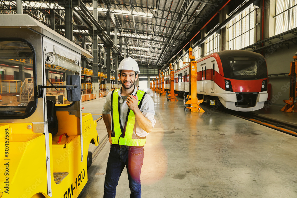 Male worker wearing safety suit during work driving yellow locomotive ...