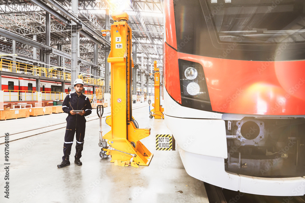 Guy electric train maintenance engineers stand and check trains inside ...