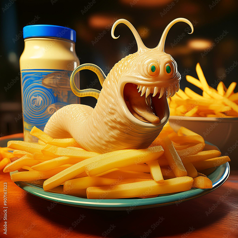 Spooky Mayonnaise Monster over French Fries. Fun Turning Controversial ...