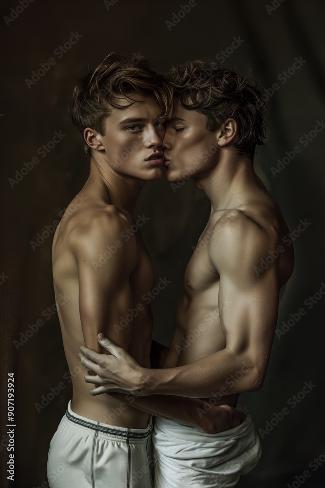 Intimate Portrait of Two Shirtless Young Men Embracing and Kissing in Low Light Stock Photo ...