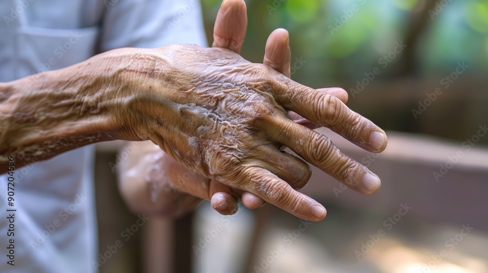Portrait of human hand with skin eczema dermatitis allergic rash of ...