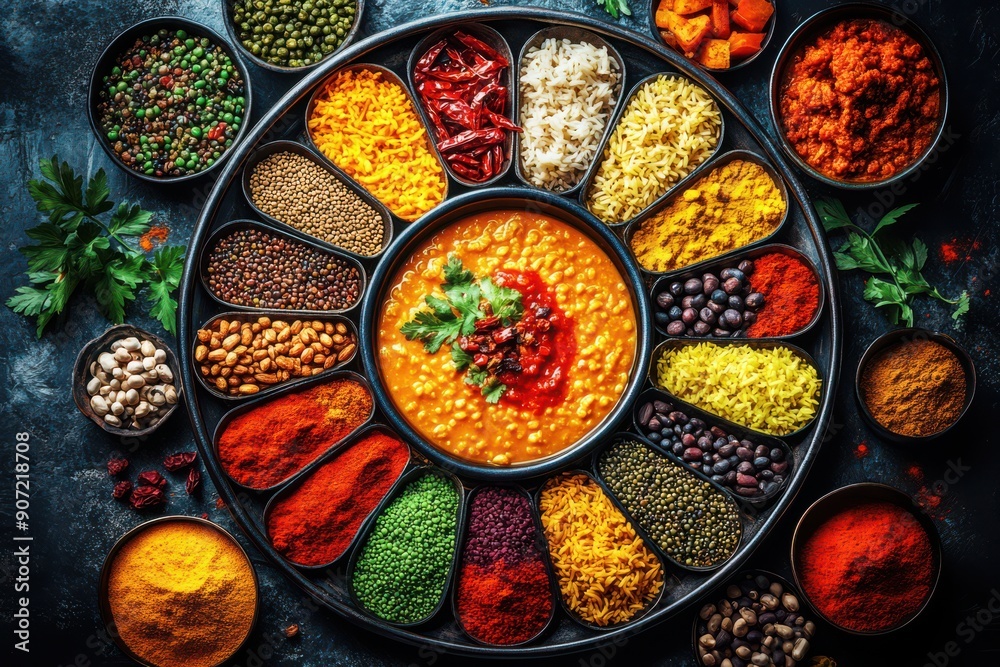 A colorful Indian thali with various dishes like dal, curry, rice, and ...