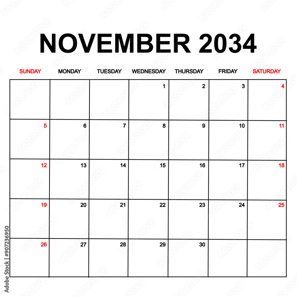 november 2034. Calendar with holydays or red dates. monthly 2034 ...