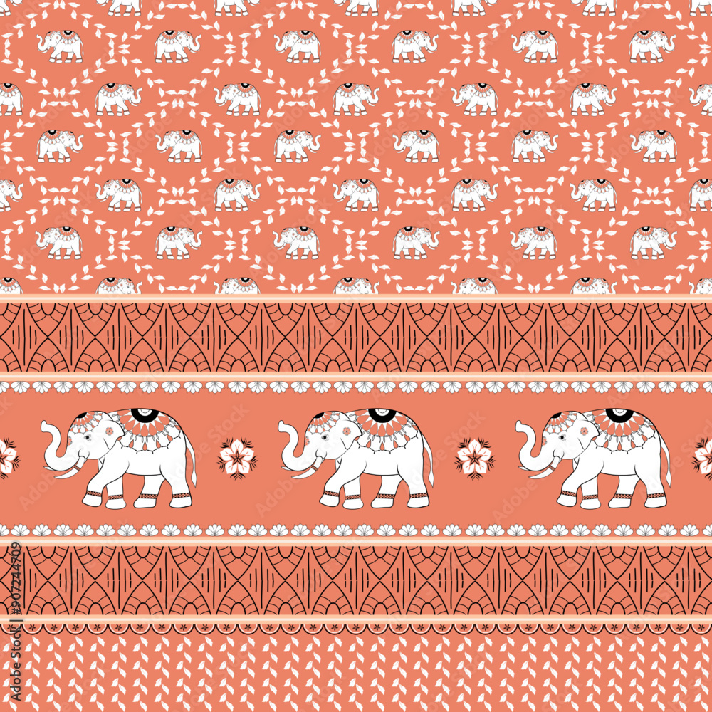 Thai Elephant Pattern, Orange Theme Colors, Native Thailand Fabric ...