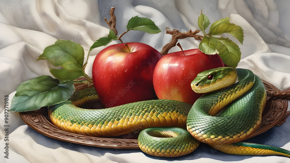 Red apple and snake, Forbidden fruit and evil snake, bible story ...
