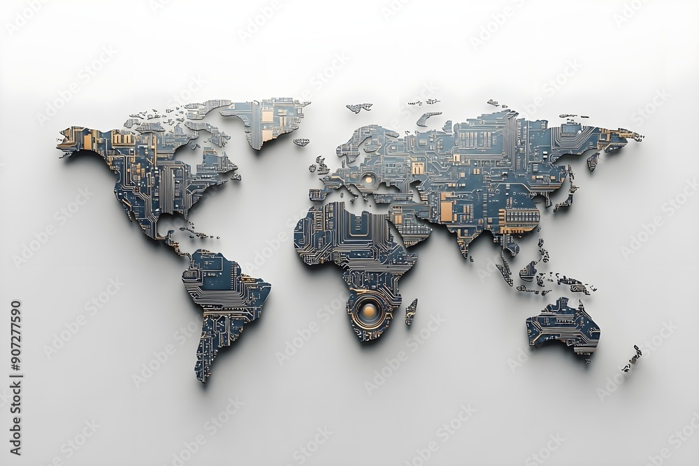 World map formed entirely from AI circuits, isolated on a pristine ...