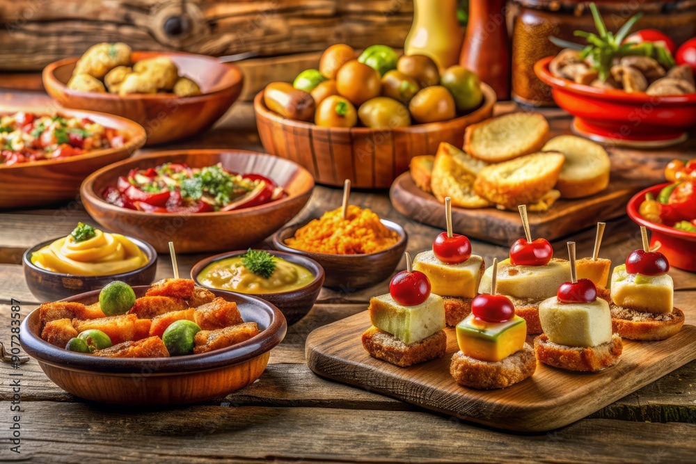 Colorful assortment of small plates filled with tapas and pinchos ...