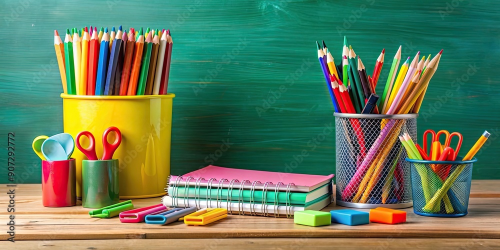 Variety of colorful school supplies, stationery items, and lunch box on ...