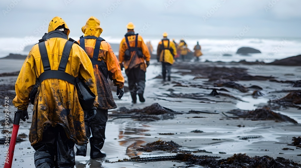 Oil Spill Cleanup Crew Working on Coastal Beach to Protect the ...