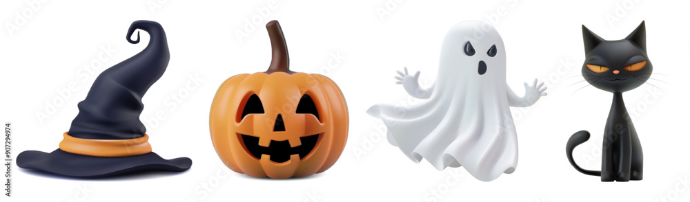 Halloween clipart with ghost, pumpkin, black cat and witch hat. Vector ...