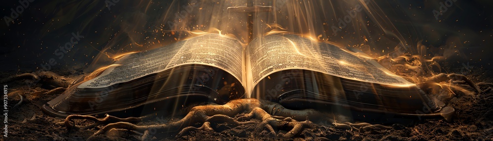 Open Bible with roots and a cross, depicting unshakable Christian ...