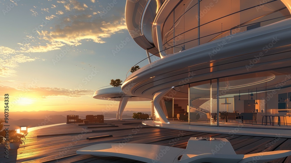 A futuristic rotating house with panoramic windows, an open floor plan ...