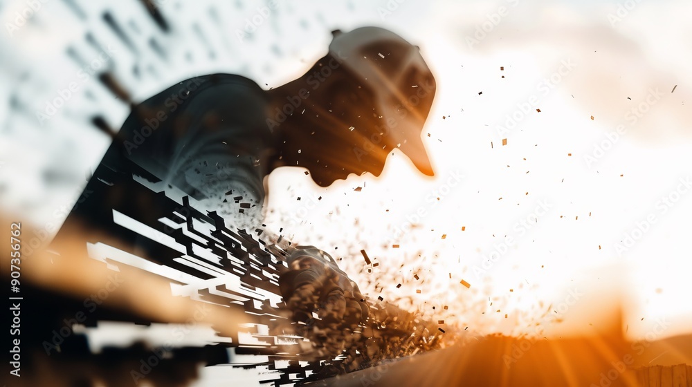 Artistic representation of a carpenter working with wood, double ...