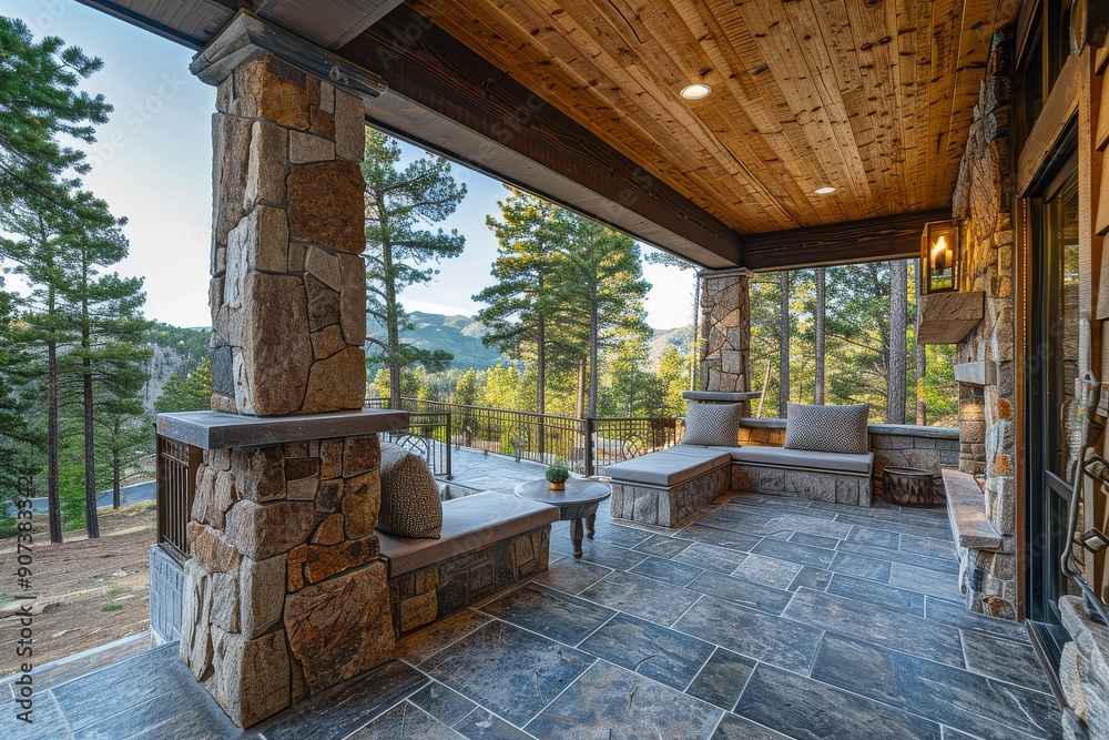 Covered porch with stone columns and beams, overlooking Colorado forest ...