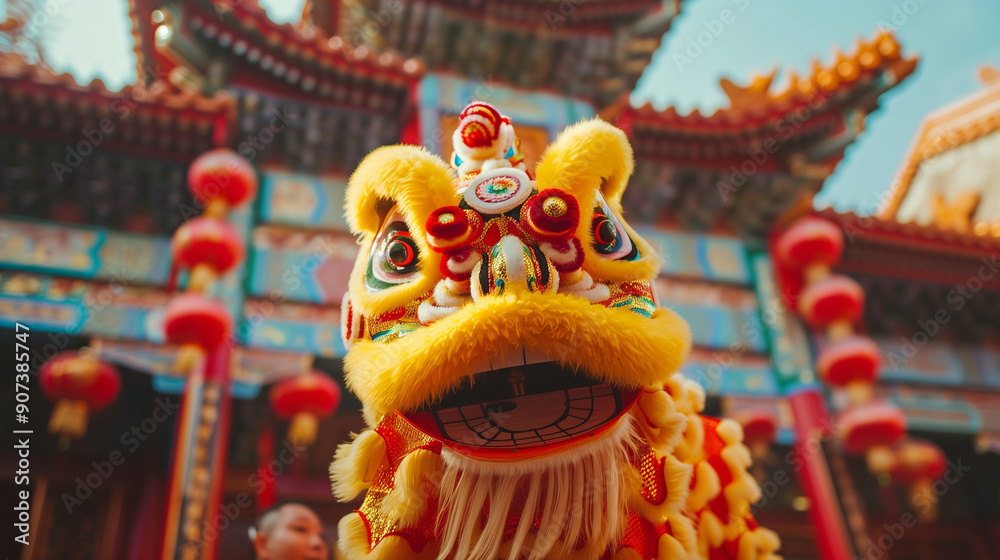 Lion dance in front of a traditional temple, lion dance with bright ...