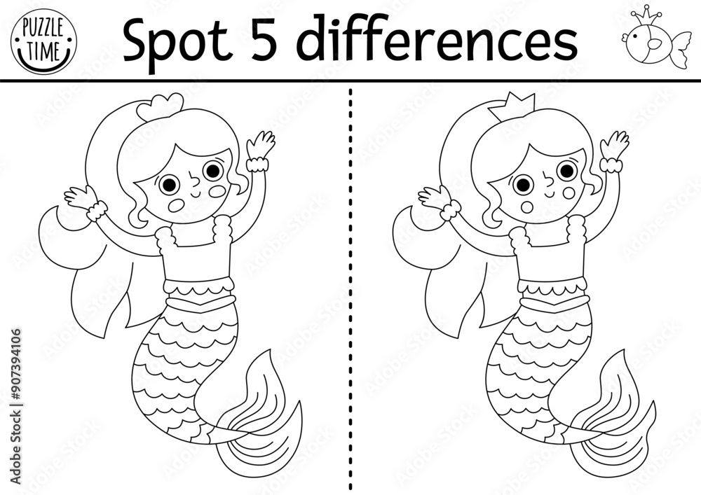 Find differences game for children. Mermaid black and white educational ...