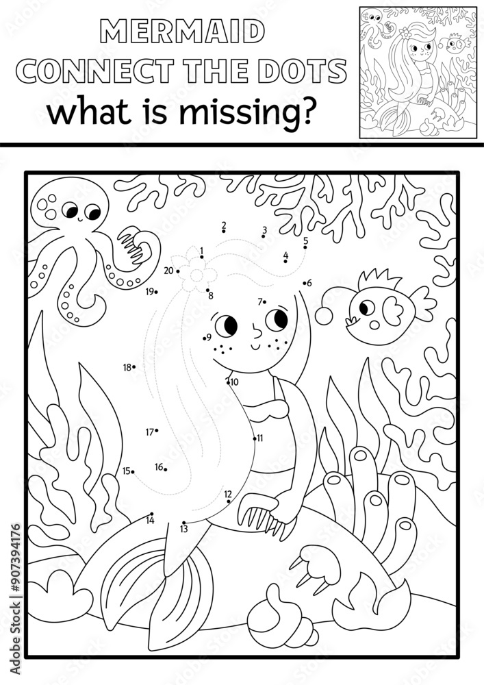 Vector mermaid black and white dot-to-dot activity with sea princess ...