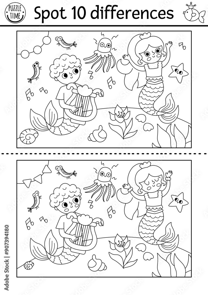 Find differences game for children. Mermaid black and white activity ...