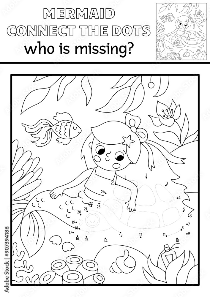 Vector mermaid black and white dot-to-dot activity with sea princess ...