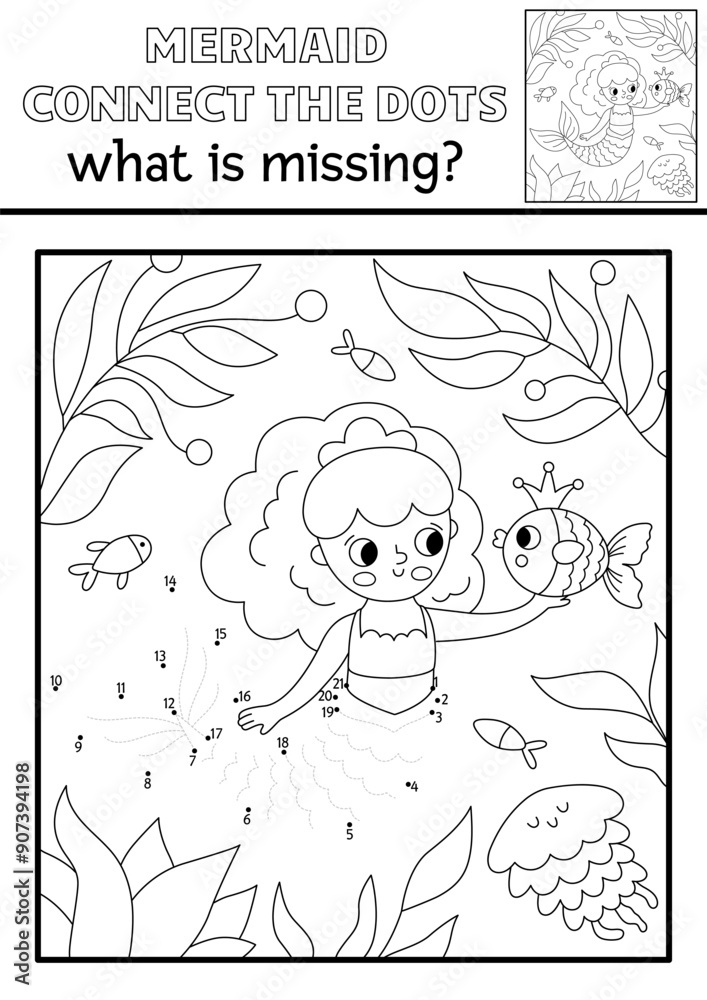 Vector mermaid black and white dot-to-dot activity with sea princess ...