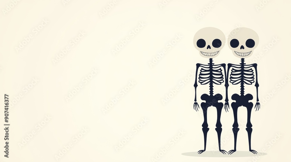 Skeleton Duo: A whimsical illustration of two skeletons standing side ...