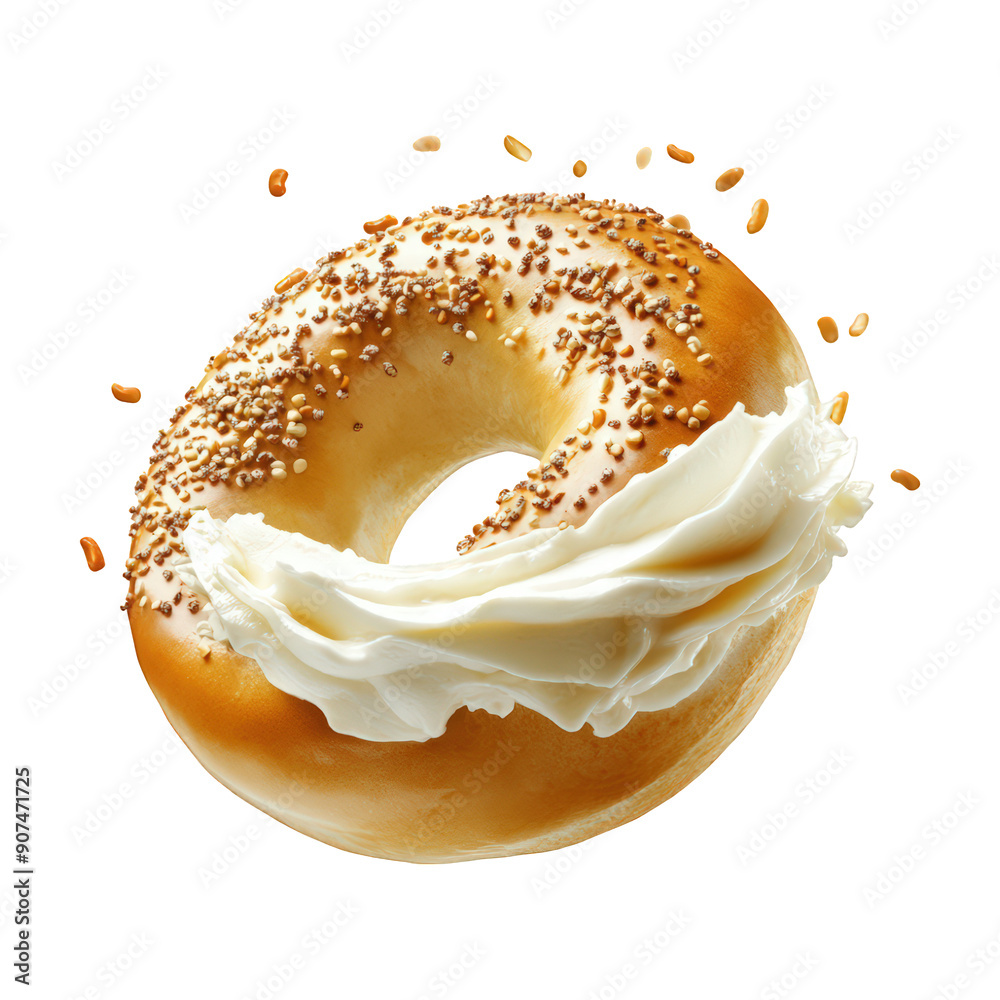 Bagel With Cream Cheese And Floating Toppings On Transparent Png ...