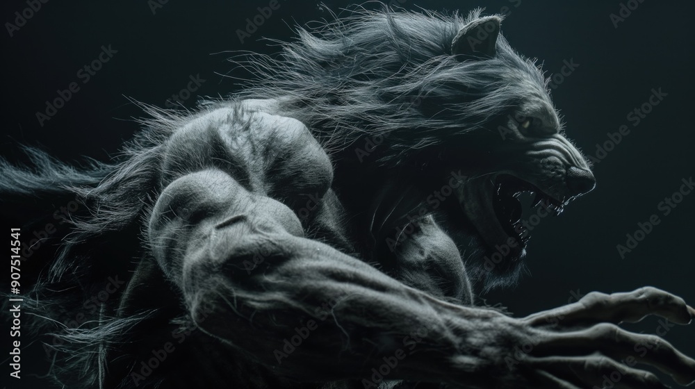 Werewolf mid-transformation, muscles bulging and fur sprouting ...