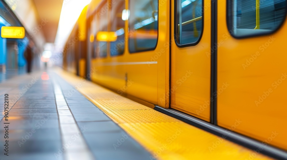 modern yellow subway train arriving at platform in urban transit ...