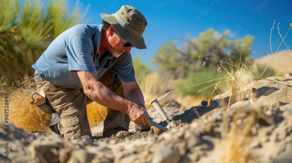 An archaeologist excavates ancient artifacts buried beneath desert ...