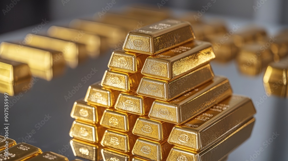 Glowing Pyramid of Stacked Gold Bars on Mirrored Surface with Reflective Light Effect ...