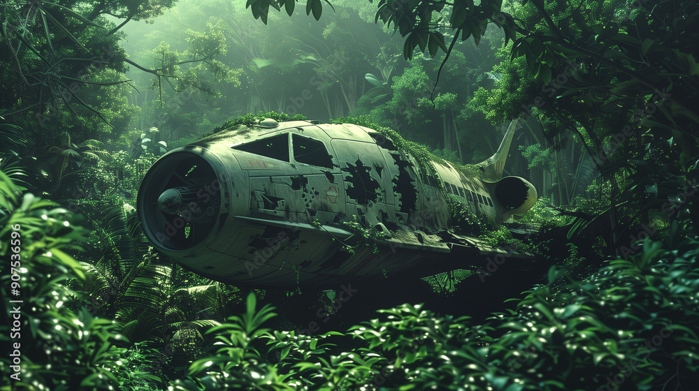 An abandoned spaceship that crashed and was swallowed by green plants in the heart of the jungle ...