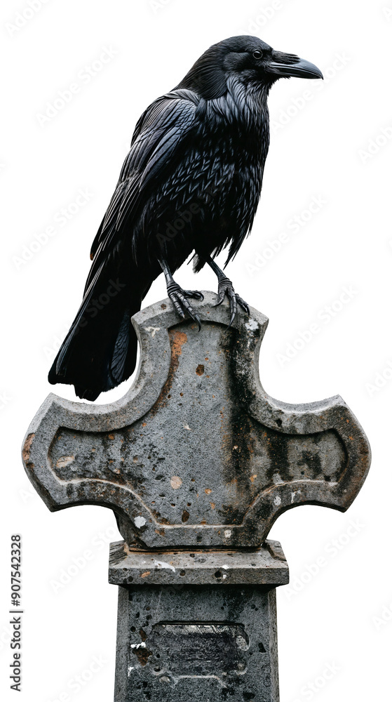 Gothic Black Raven Perched on an Aged Cemetery Cross, Mysterious Bird ...