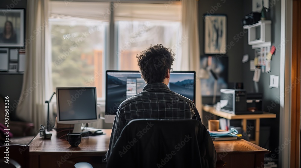Remote work setup with rear view of man using computer in a cozy home ...