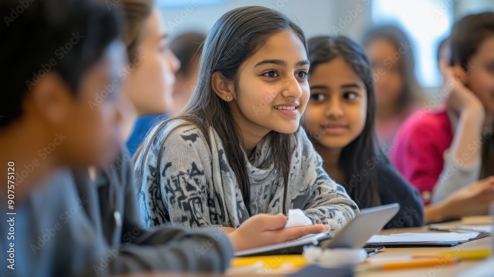 A diverse group of students from various ethnic backgrounds seated in a ...