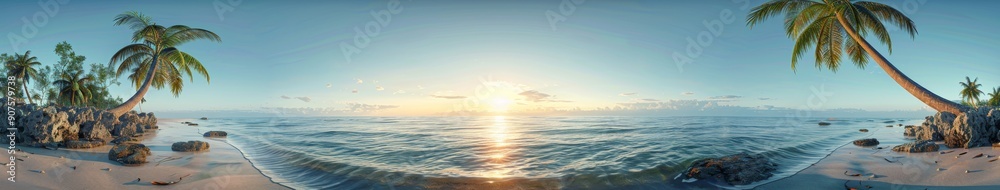 Tropical Island Paradise at Sunset with a Palm Tree, a 360 Panoramic ...