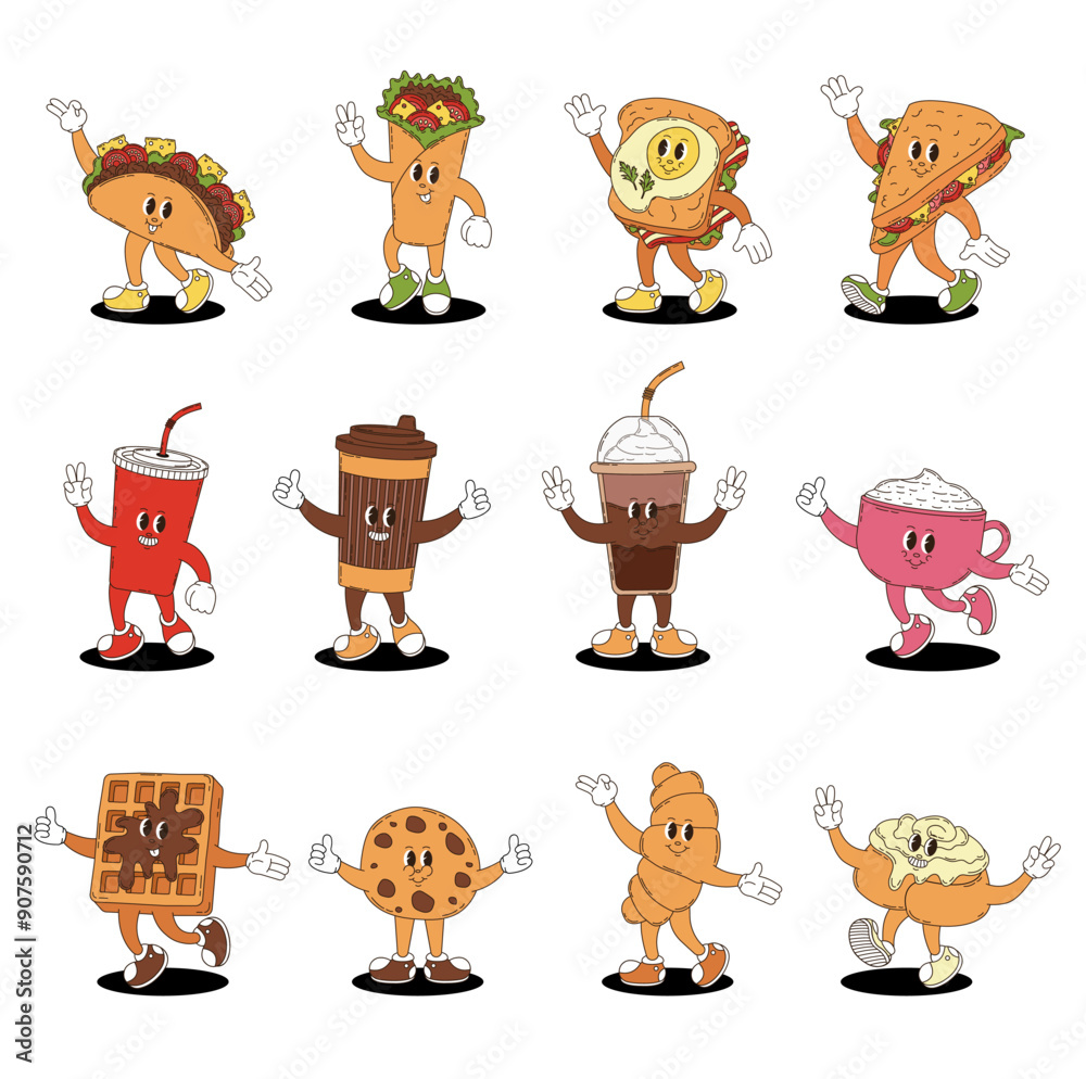 Retro groovy fast food, desserts and coffee characters set. Soda ...
