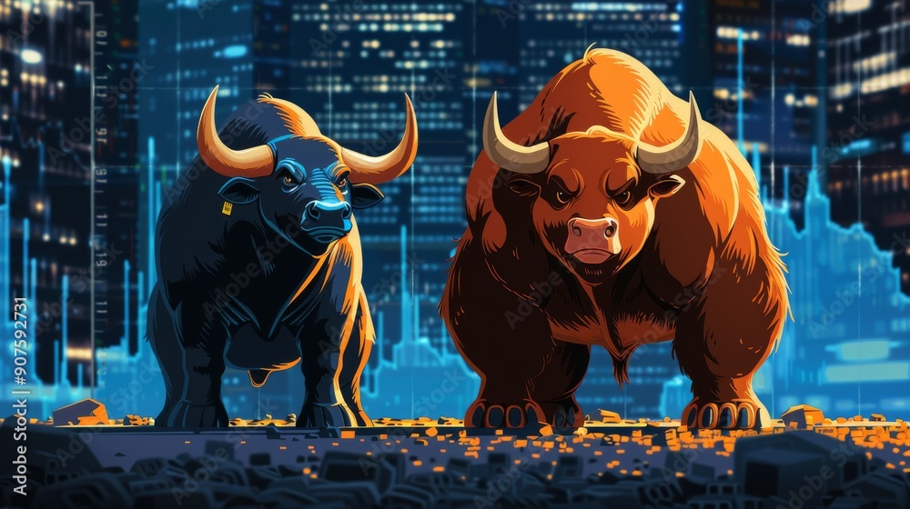 Cartoon vector Bull and bear characters representing stock market ...