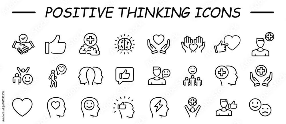 Positive thinking icon set. Containing self-care, optimism, be loved ...