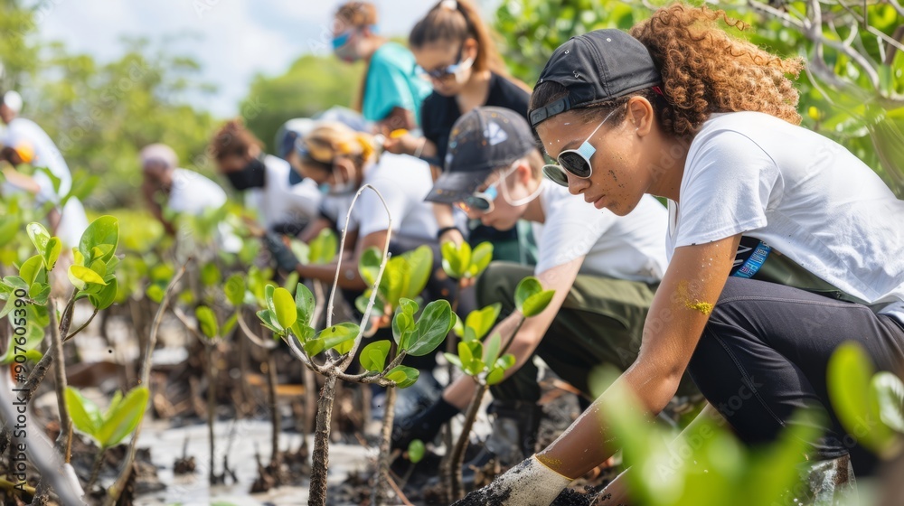 Diverse group of young volunteers engaged in outdoor charity work ...